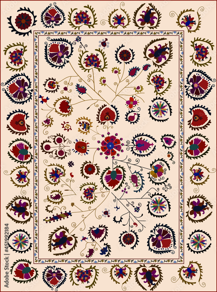 Suzani pattern carpet - traditional home interior in Uzbekistan ...