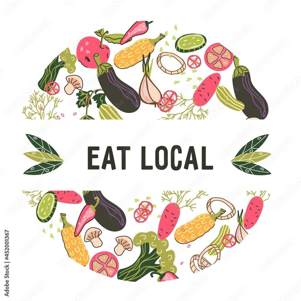 Eat local emblem or label with fresh vegetables, flat cartoon vector ...
