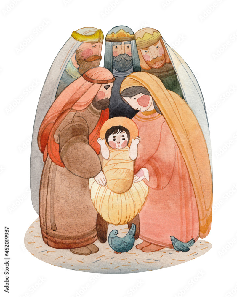 Christmas watercolor illustration of the Nativity scene: the newborn ...