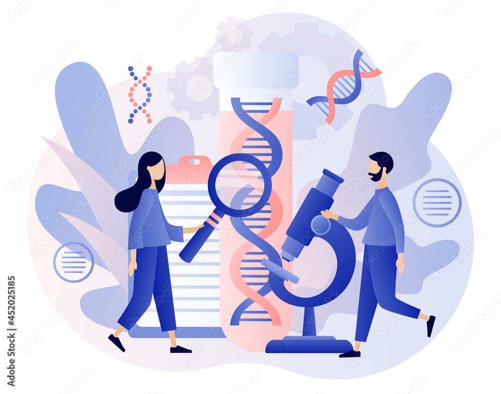 Genetic DNA Science. Tiny scientists investigating, diagnosis and ...