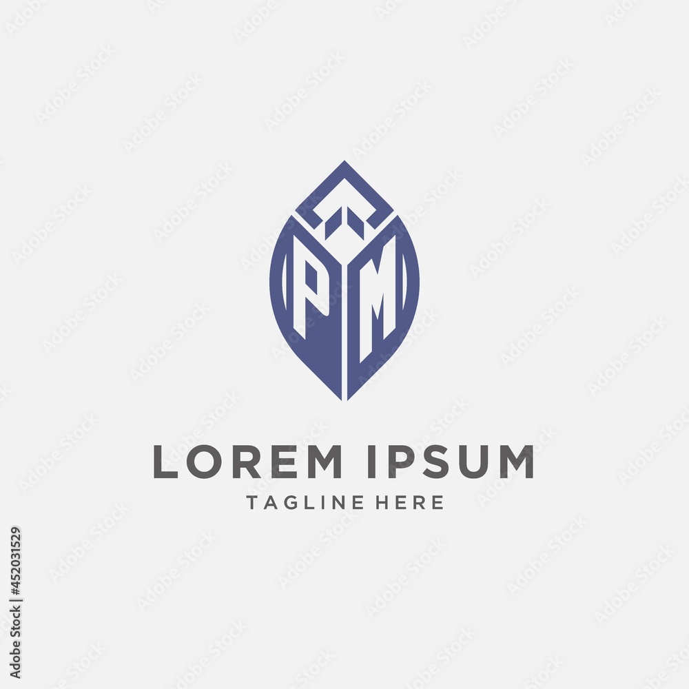 PM logo with leaf shape, clean and modern monogram initial logo design ...
