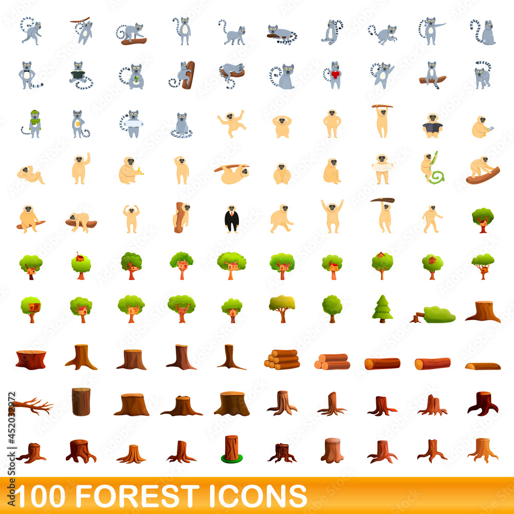 100 forest icons set. Cartoon illustration of 100 forest icons vector ...