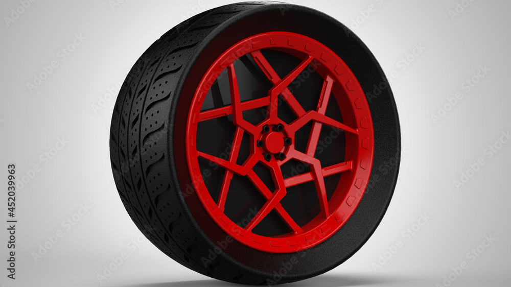 Car wheel on a white background. 3D Rendering image. Red Rim. Black ...