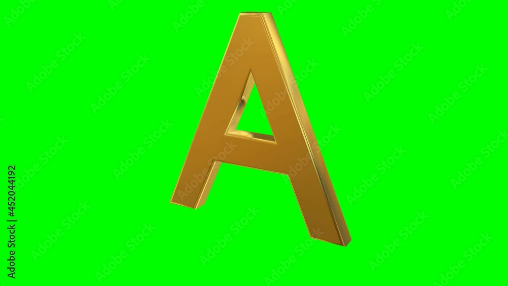 Animated simple modeled shining gold letter A spinning against green ...