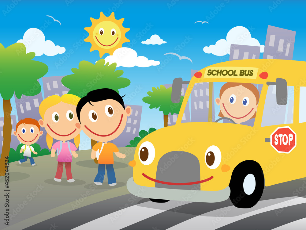 Happy children are going to catch the school bus. Vector cartoon ...