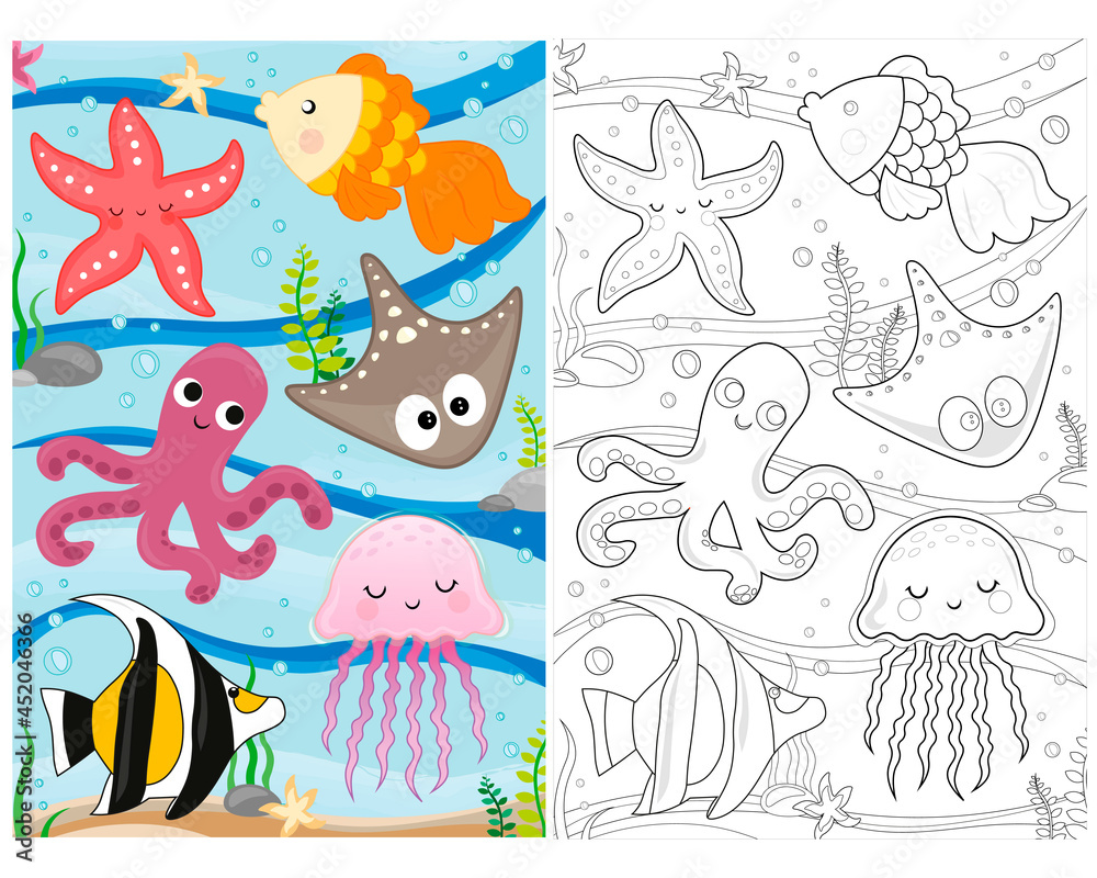 vector coloring book marine life. coloring page sea life. Underwater ...