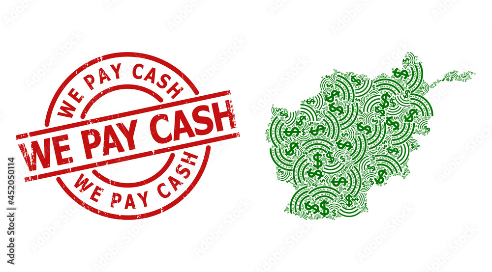Textured We Pay Cash stamp, and dollar emission collage of Afghanistan ...