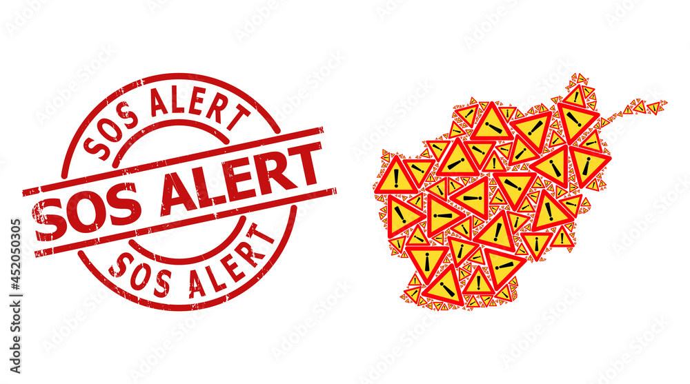 Distress Sos Alert stamp, and exclamation alert collage of Afghanistan ...