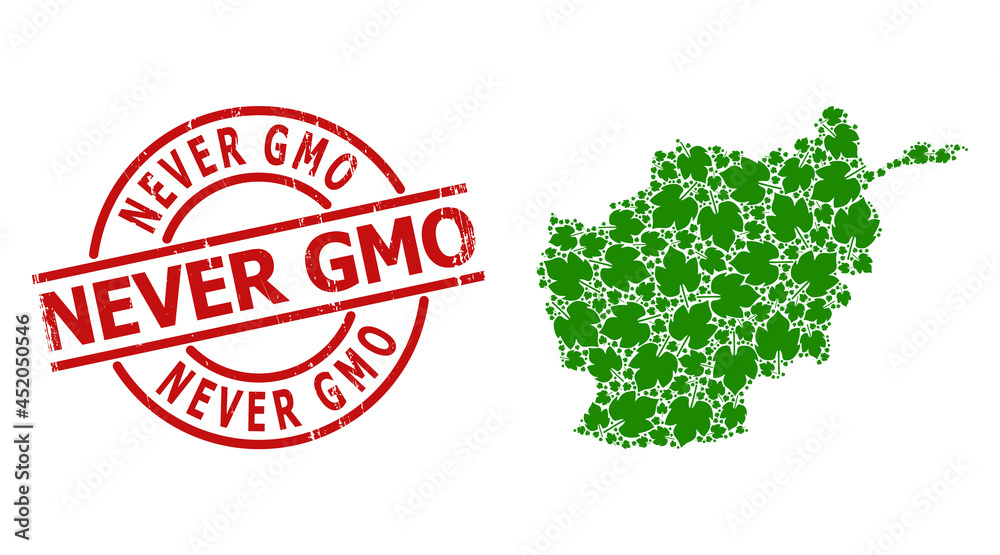 Distress Never GMO stamp seal, and grapes leaf mosaic of Afghanistan ...