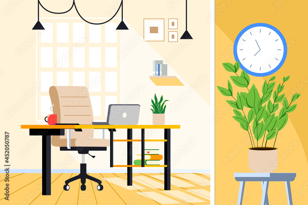 Workplace at home with office desk, chair, computer and plants. Work ...