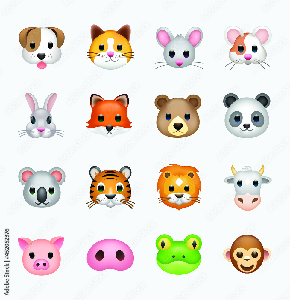 Set of animal faces, face emojis, stickers, emoticons. Stock Vector ...