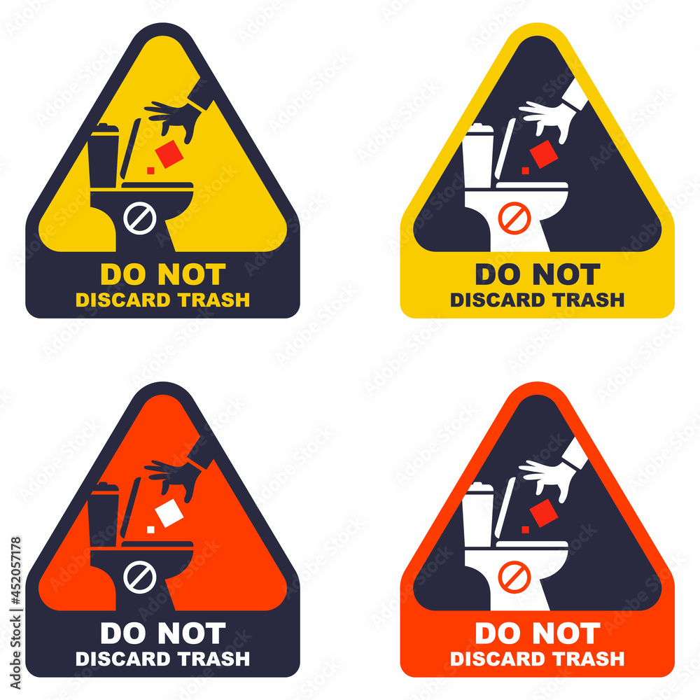 the sticker does not throw the trash into the toilet. set of warning signs for the toilet. flat ...