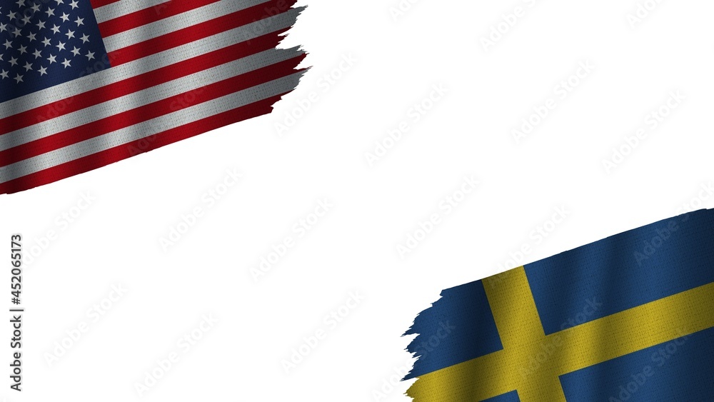 Sweden and United States of America USA Flags Together, Wavy Fabric ...