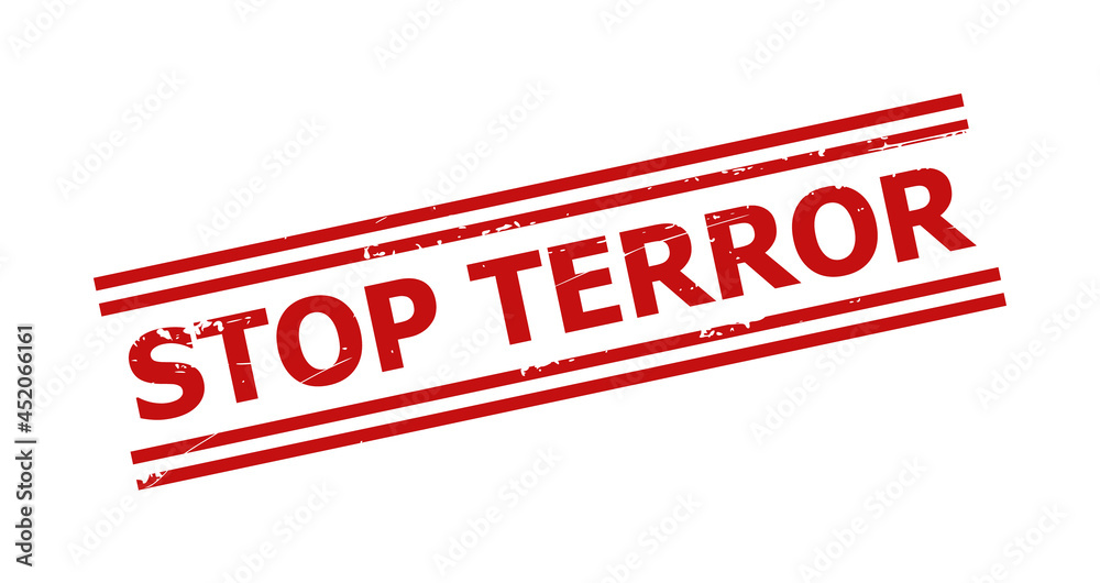 Red STOP TERROR seal stamp. STOP TERROR stamp with parallel double line ...