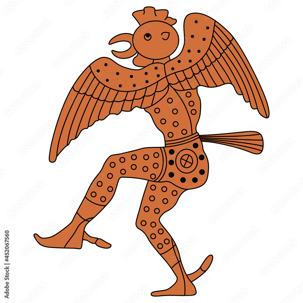 Ancient Greek man actor dancing in rooster costume. Fantastic winged ...