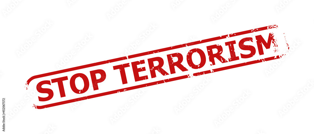 Red STOP TERRORISM rectangle rounded frame badge. STOP TERRORISM ...