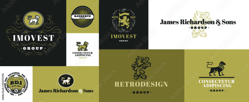 Lion logo set. Retro Vintage Insignias or Logotypes set. Vector design ...