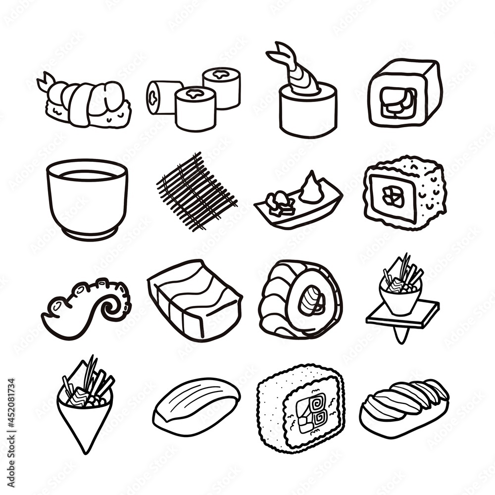 Japanese Sushi and roll line icons set. Freehand drawing on white ...