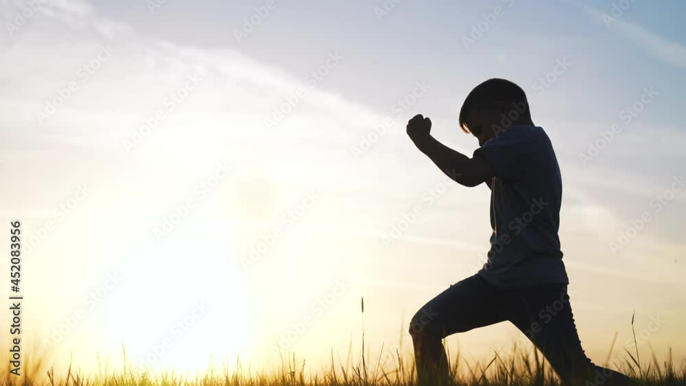 silhouette child kid boxer. boy a boxing with shadow exercising at ...