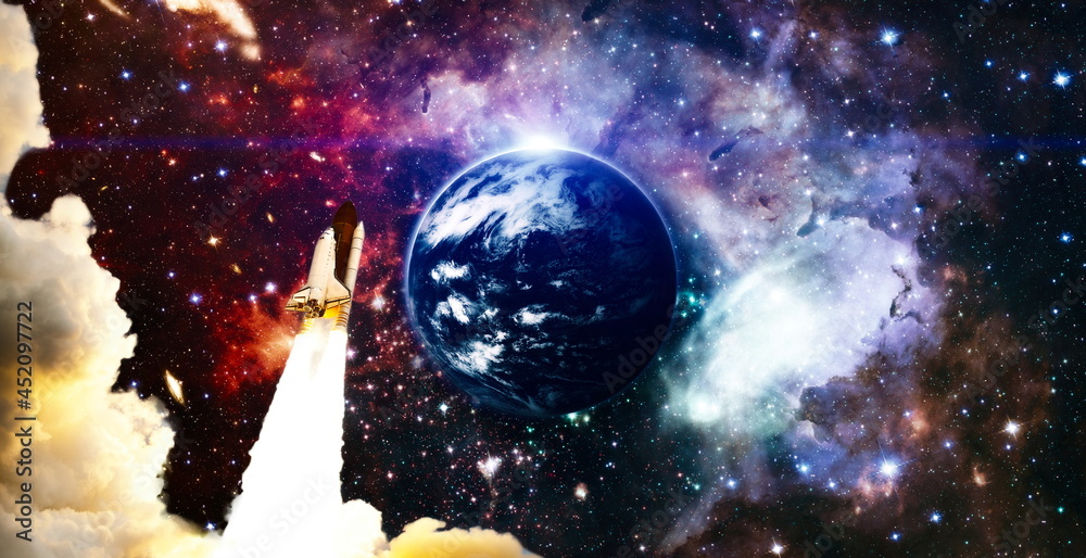 Rocket in space, earth in distance.Space shuttle orbiting Earth planet ...