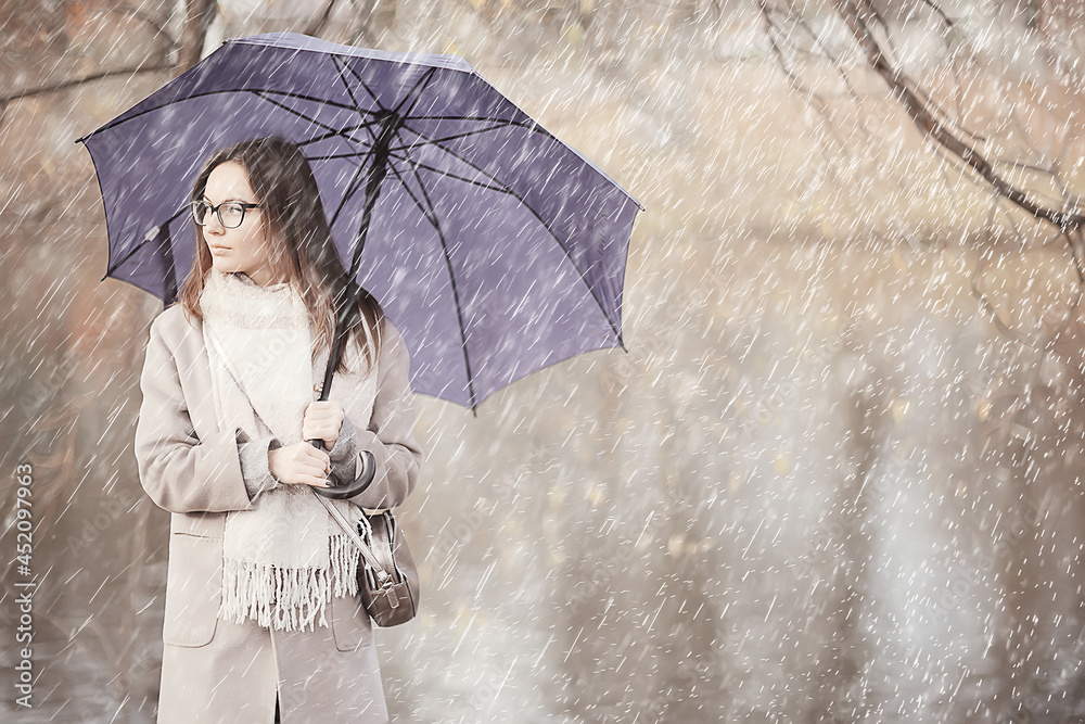 autumn raindrops model / rain weather, girl autumn look, splashes and ...