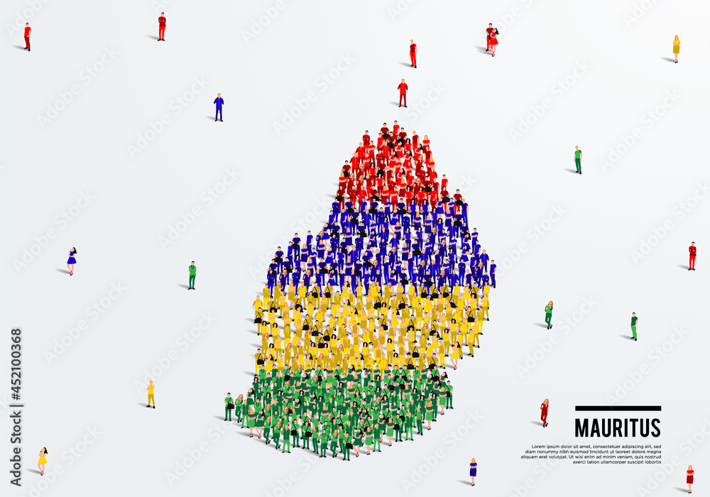 Mauritius Map and Flag. A large group of people in the Mauritius flag ...