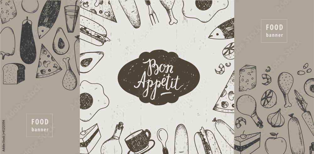 Vector food illustration. Templates design with hand drawn breakfast ...