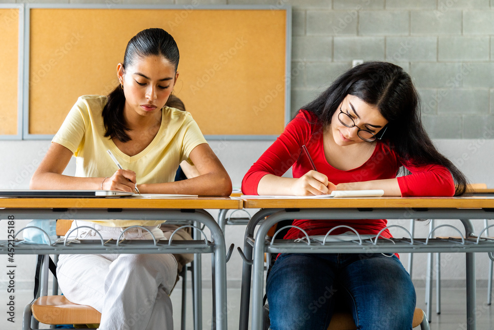 Teenager high school girl students do homework in class. Stock Photo ...