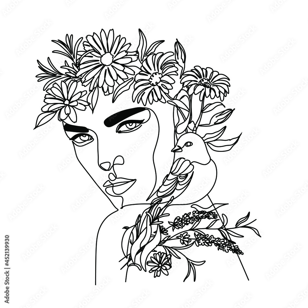 Flower face woman line drawing. Modern continuous line art. Women line ...