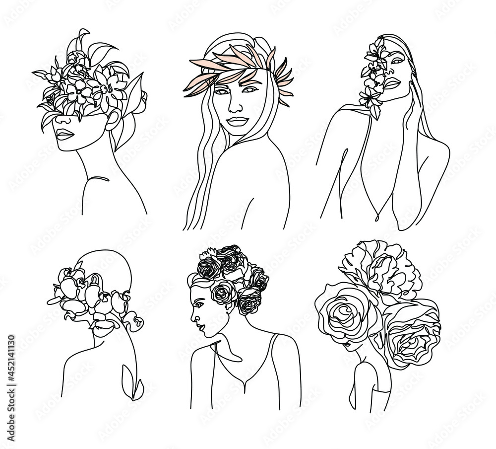 Flower face woman line drawing. Modern continuous line art. Women line ...
