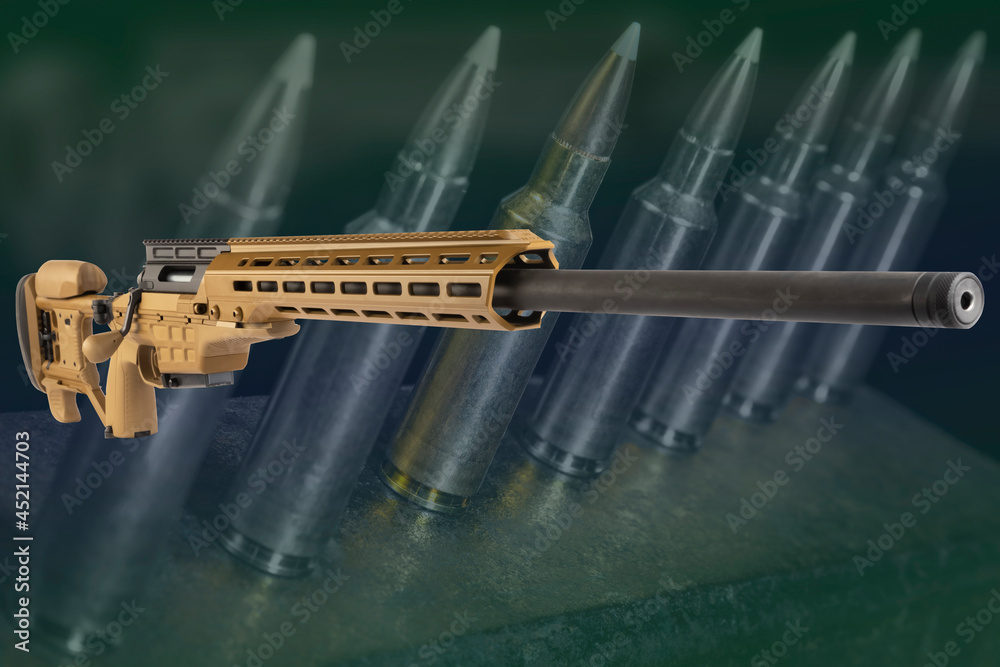 a heavy sniper rifle is photographed with ammunition in the background ...
