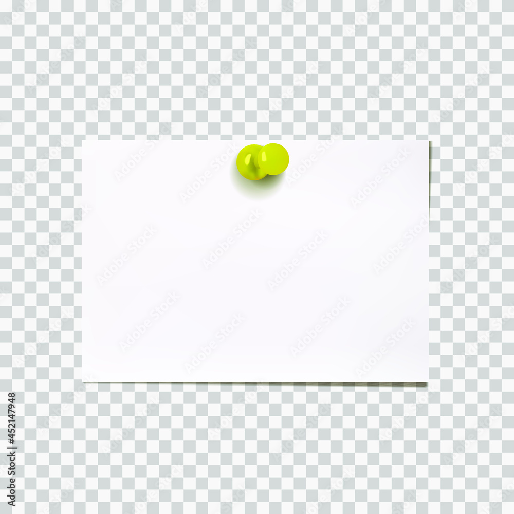Vector Pinned Paper, Yellow Pin Button, Realistic 3D White Paper Sheet ...