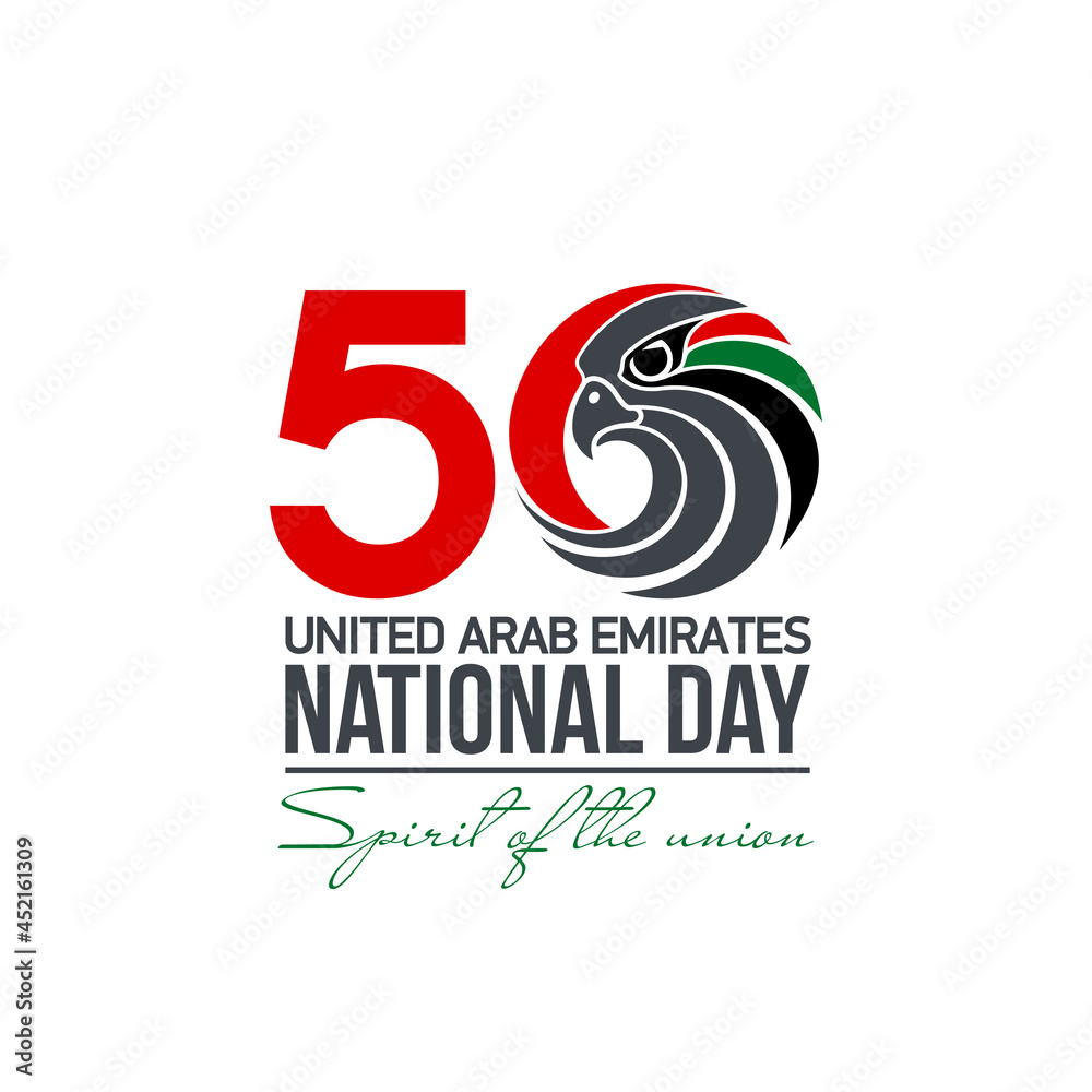 50 UAE national day logo with falcon head icon in the UAE flag colors ...