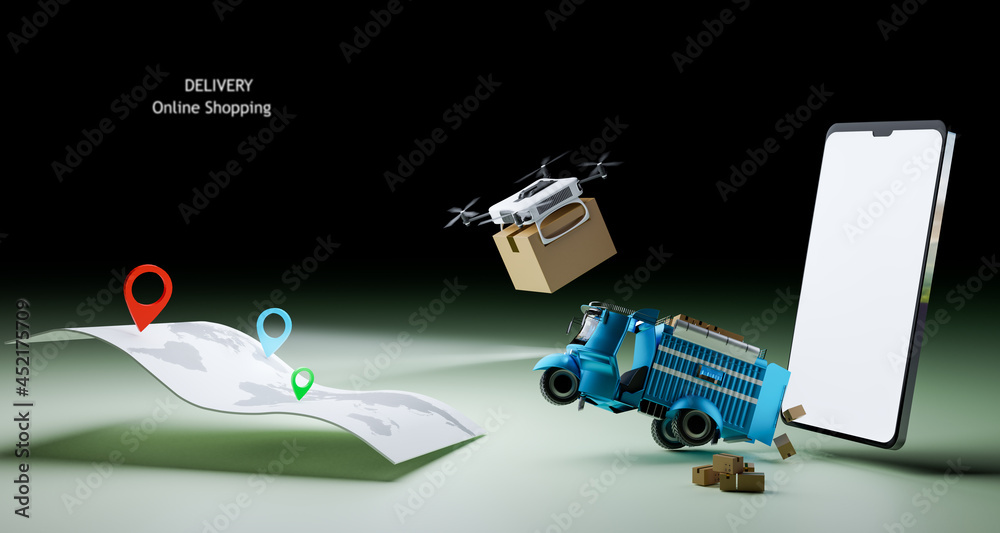 Delivery car and delivery drone starting to out of delivery by GPS ...