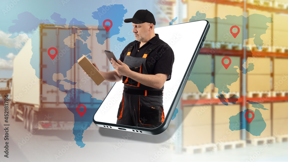 Logistic technologies. Logistic man in phone screen. Logist with box ...