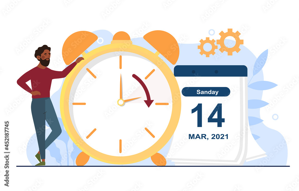 Change your clocks concept. Man switches table clock to daylight saving ...