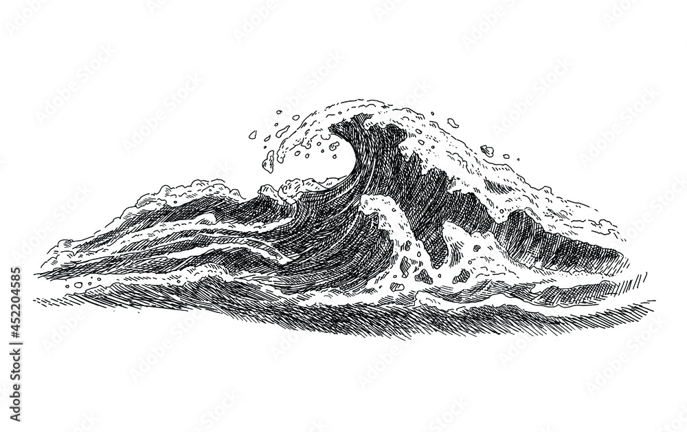 Sea wave sketch. Hand drawn ocean tidal storm waves isolated on white ...