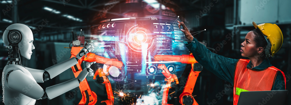 Mechanized industry robot and human worker working together in future ...