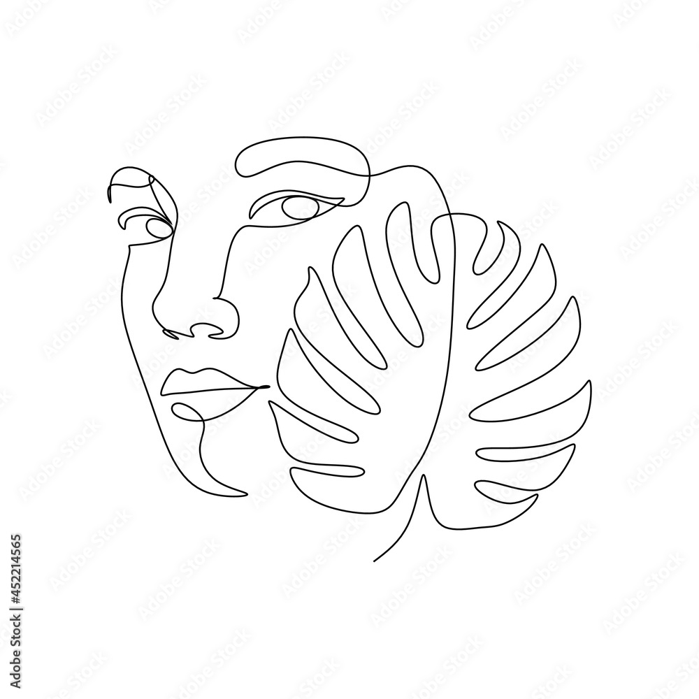 Monstera leaf with woman face line art style. Minimalist female ...