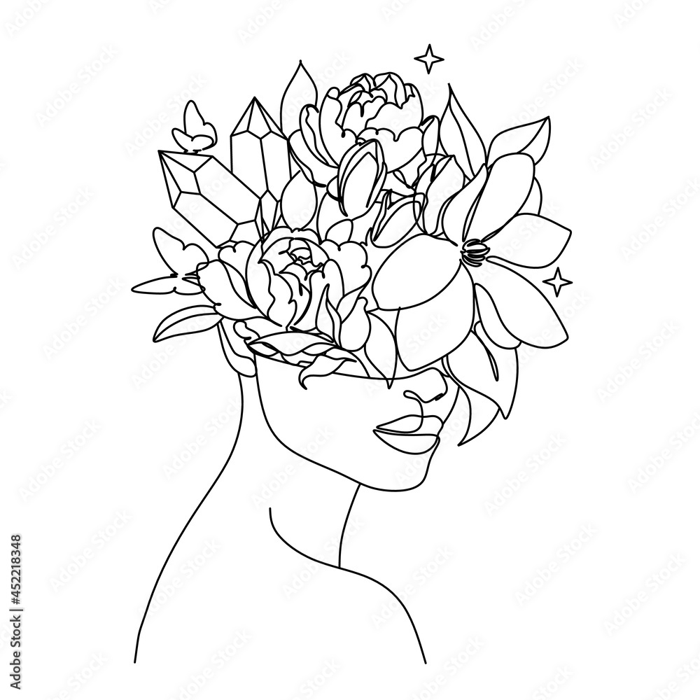 Flower face woman line drawing. Modern continuous line art. Women line ...