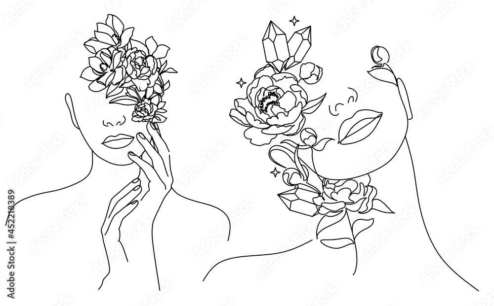 Flower face woman line drawing. Modern continuous line art. Women line ...