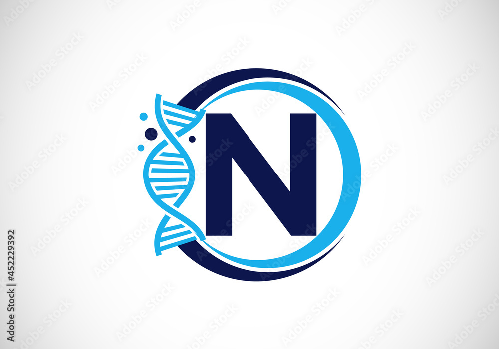 Initial N monogram alphabet in a circle with DNA. Genetics logo design ...