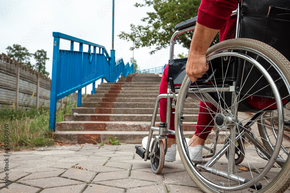 Close-up of legs in a wheelchair. The girl is disabled. The concept of ...