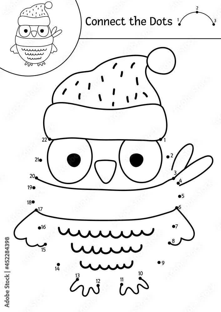 Vector dot-to-dot and color activity with cute owl. Forest connect the ...