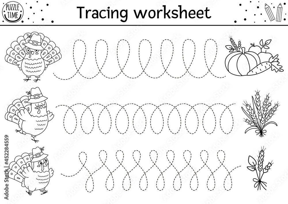 Vector Thanksgiving handwriting practice worksheet. Autumn printable ...
