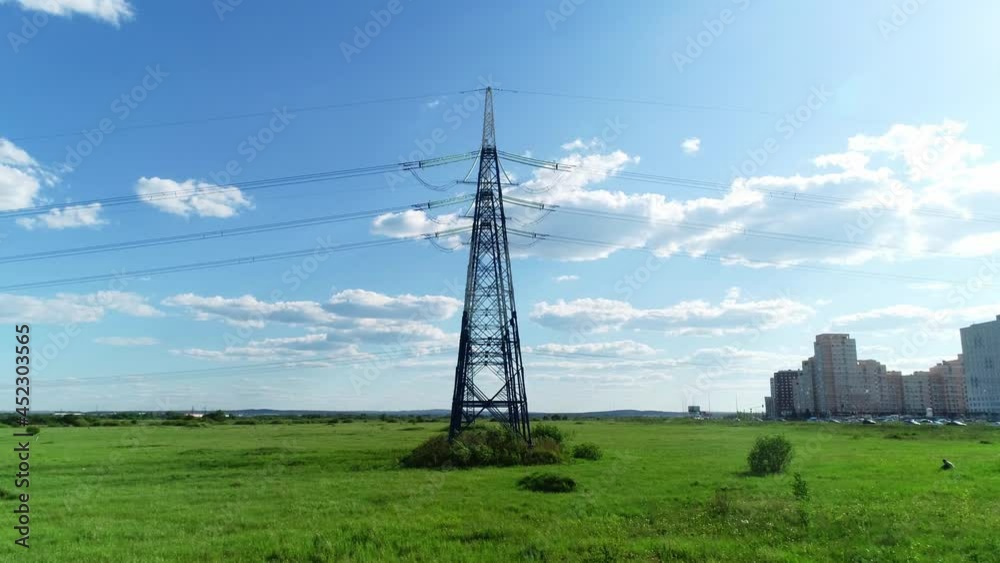 High voltage power station. View from flying drone. Wide angle, high ...