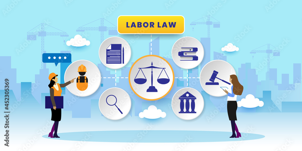 Construction law, Labor law concept With icons. Cartoon Vector People ...