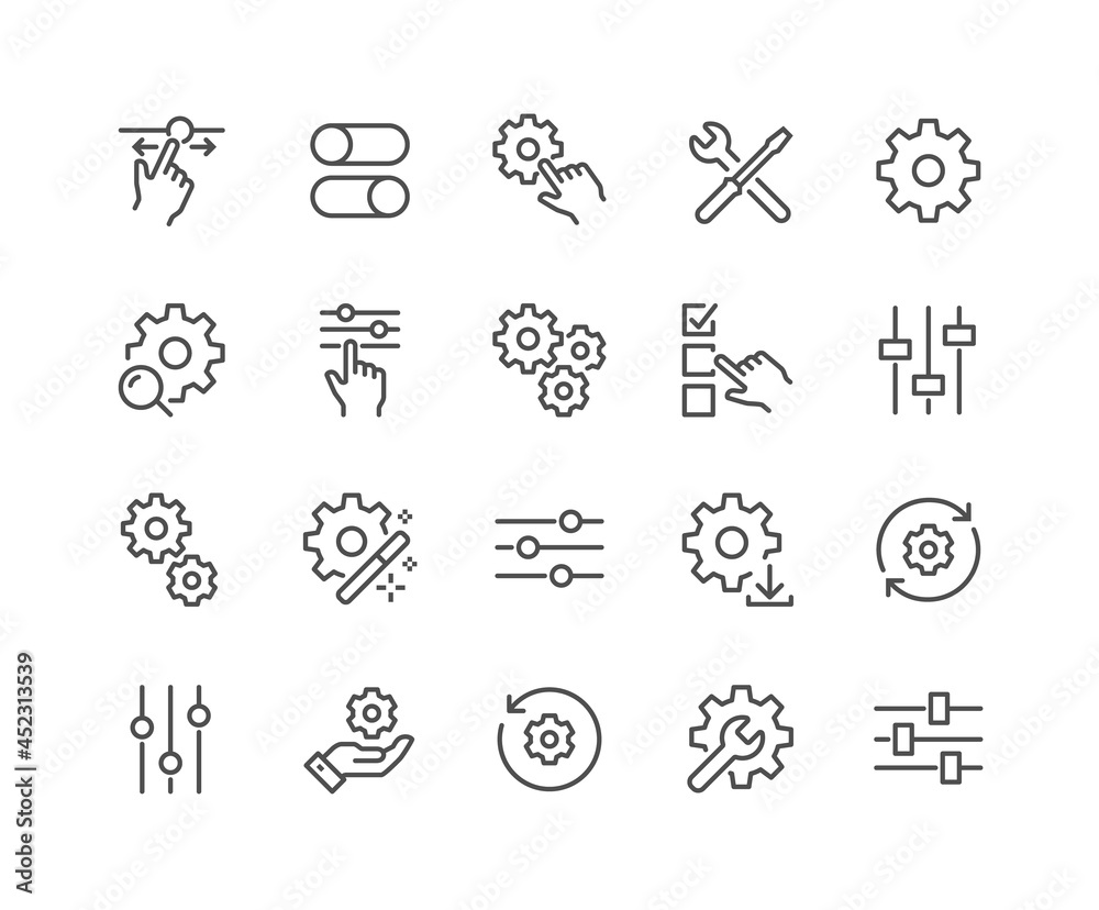 Simple Set of Setup and Settings Related Vector Line Icons. Contains ...
