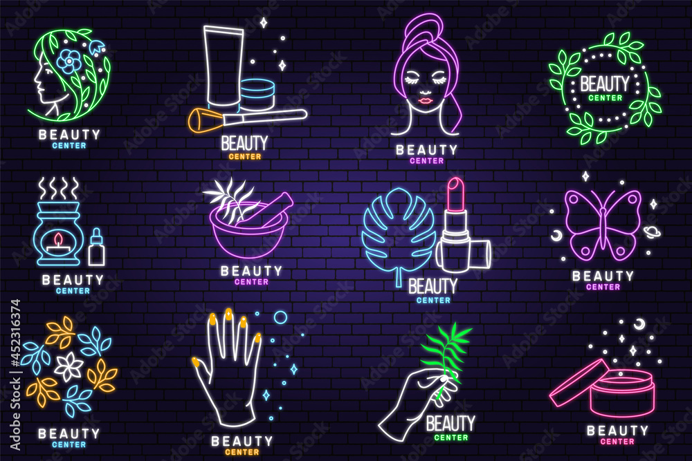 Neon sign. Set of Beauty center emblem with woman face, ceramic candle ...