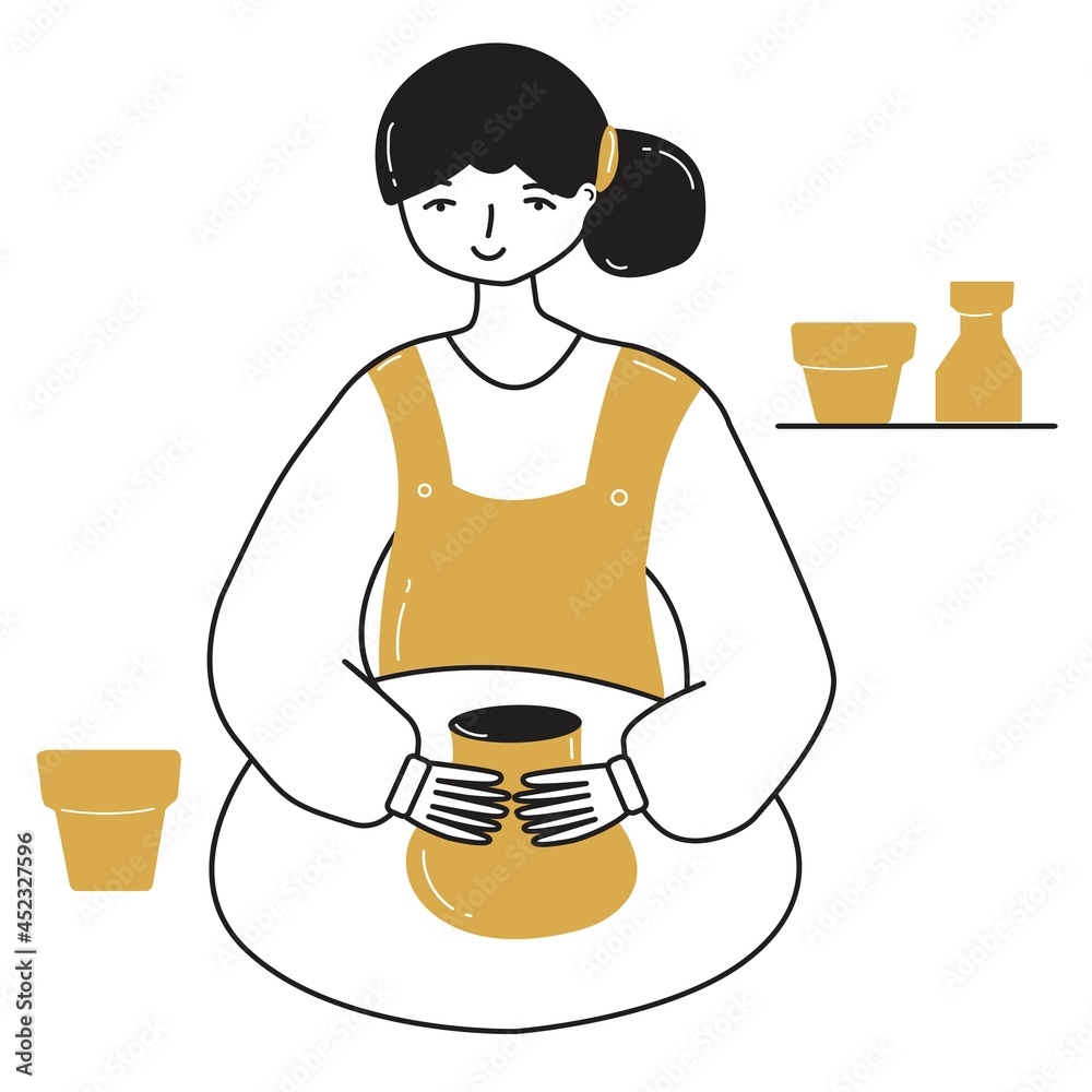Woman is sitting on chair and crafting clay vase cartoon style Stock ...